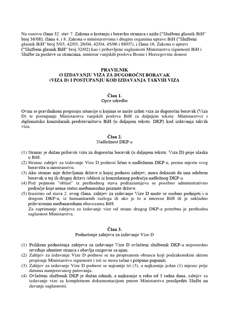 Pravilnik o Izdavanju Viza Za Dugoročni Boravak (Viza D) I Postupanju ...