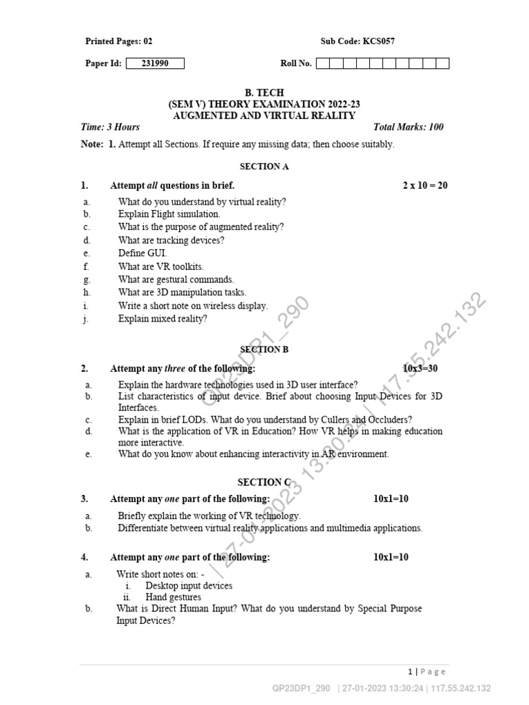 Btech Cs 5 Sem Augmented and Virtual Reality Kcs057 2023 | PDF | Augmented Reality | Virtual Reality