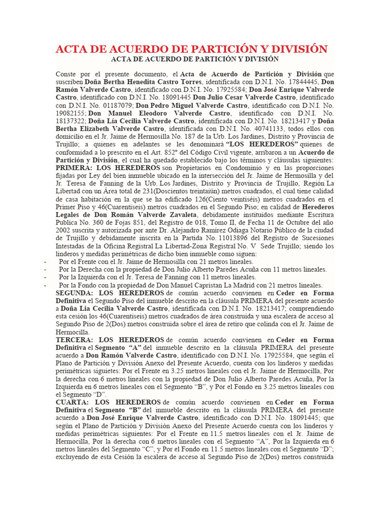 ACTA DE ACUERDO DE PARTICIÓN Y DIVISIÓN | PDF
