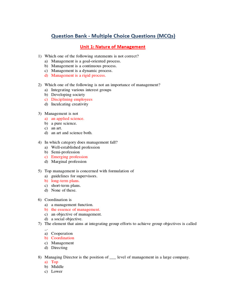 MCQ Man Unit 1 | PDF | Goal | Human Resources