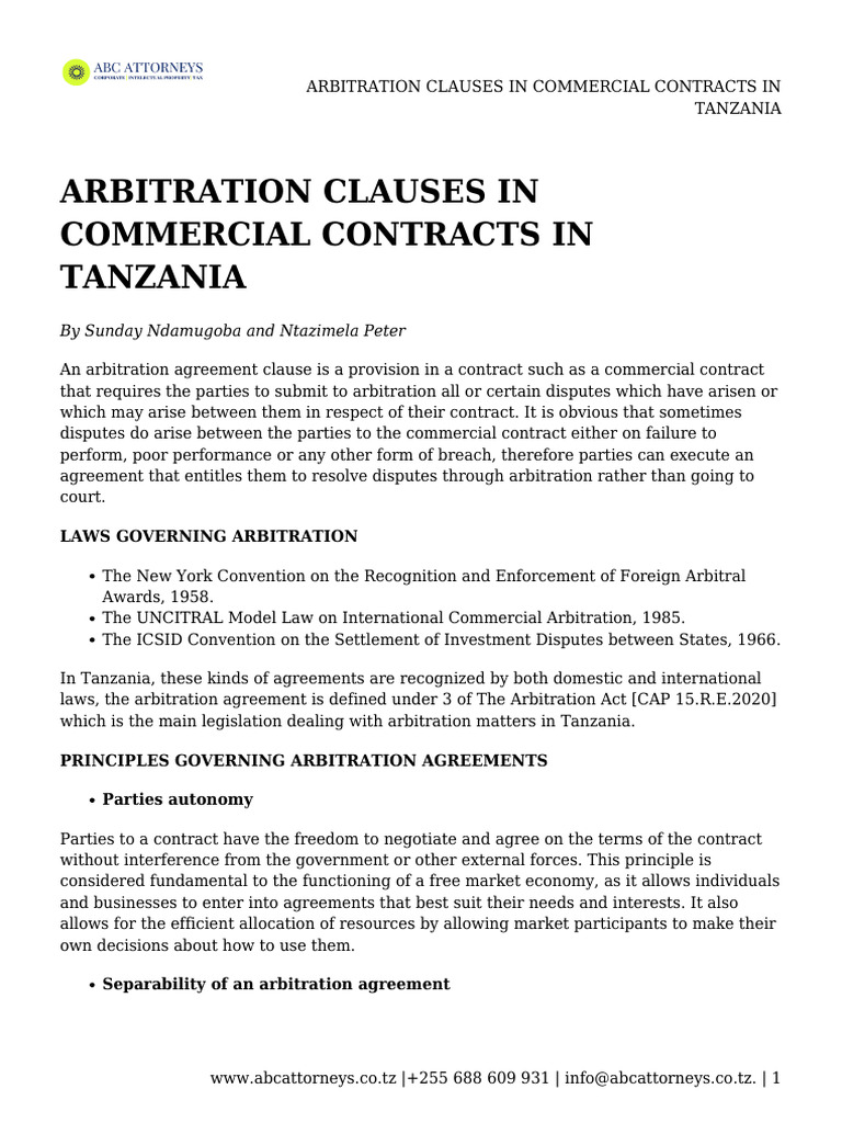 Arbitration Clauses in Tanzania Contracts | PDF | Arbitration ...