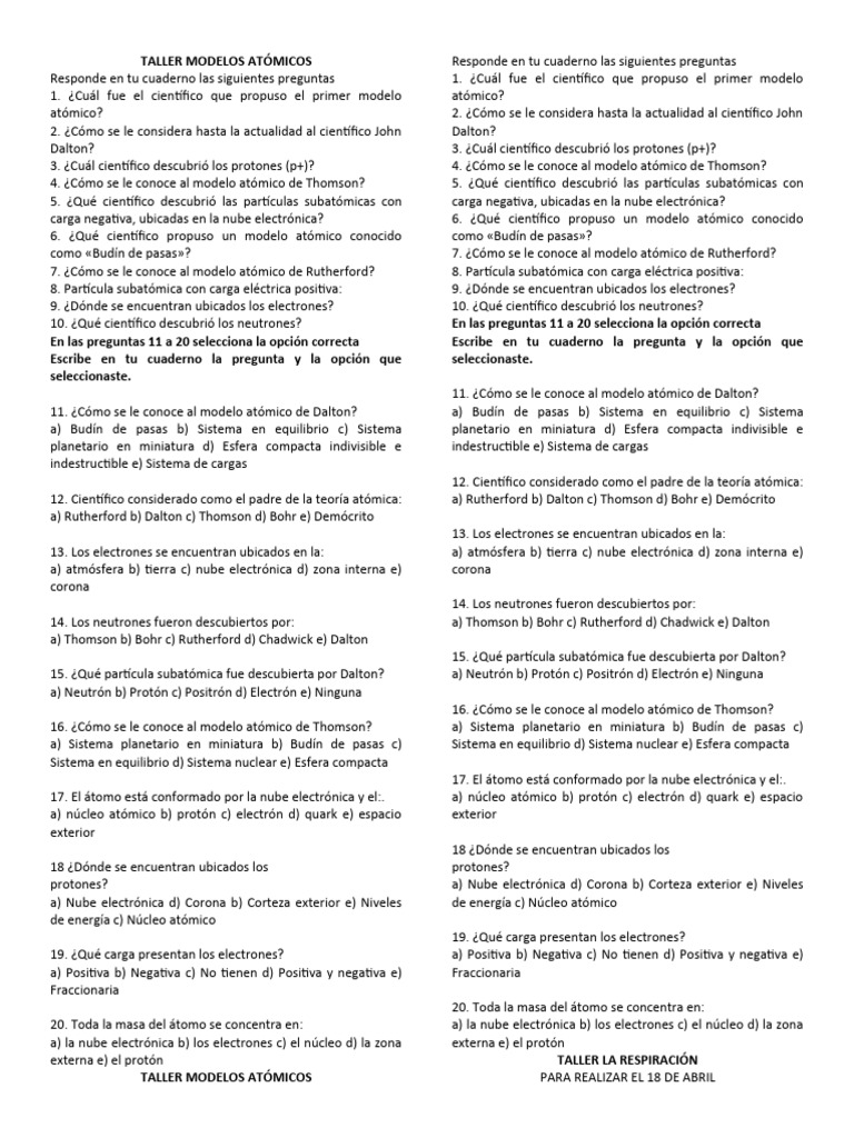 Taller Modelos Atómicos | PDF | Átomos | Protón