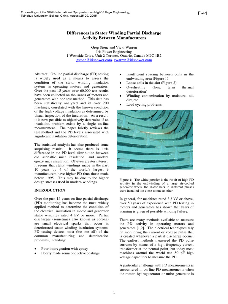 Differences In Stator Winding Partial Discharge Activity Between Manufacturers Pdf