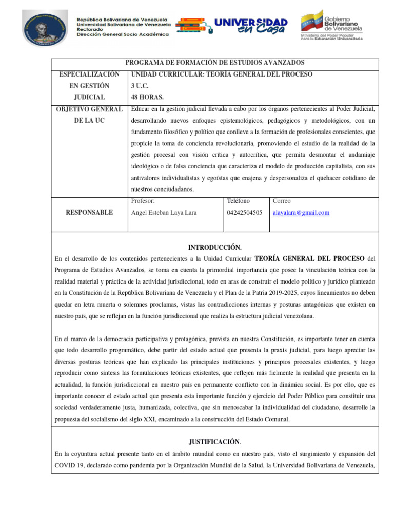 Contenidos Programaticos de La Unidad Curricular Teoría General Del Proceso. | Descargar gratis ...