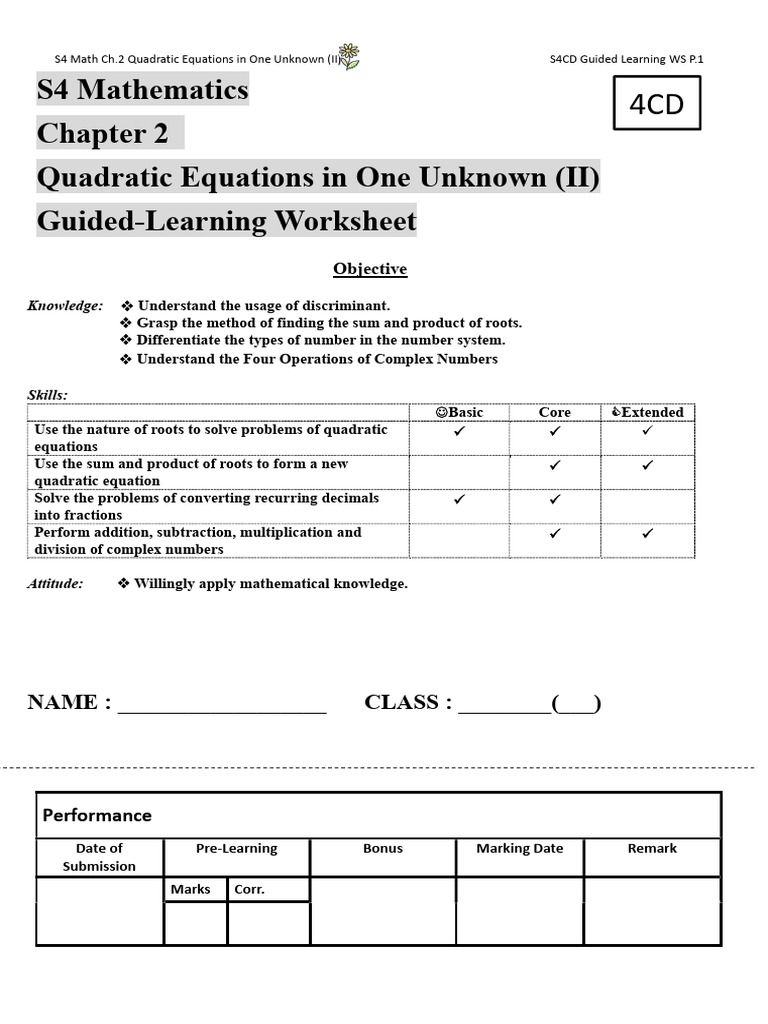 2324 4CD cH.2_GL_WS_4CD | PDF | Equations | Quadratic Equation