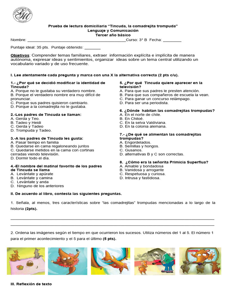 Prueba de lectura: Tincuda, la comadrejita trompuda | PDF | Estudios de ...