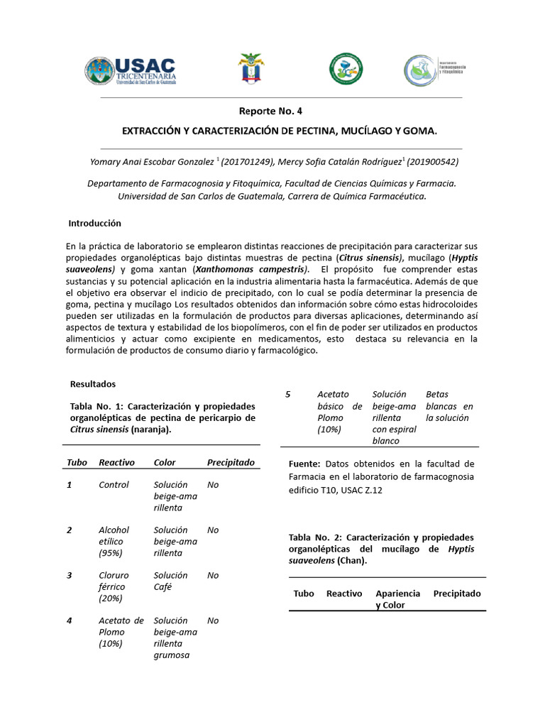 Reporte P4 Extracción y Caracterización de Pectina, Mucílago y Goma. | PDF | Precipitación ...