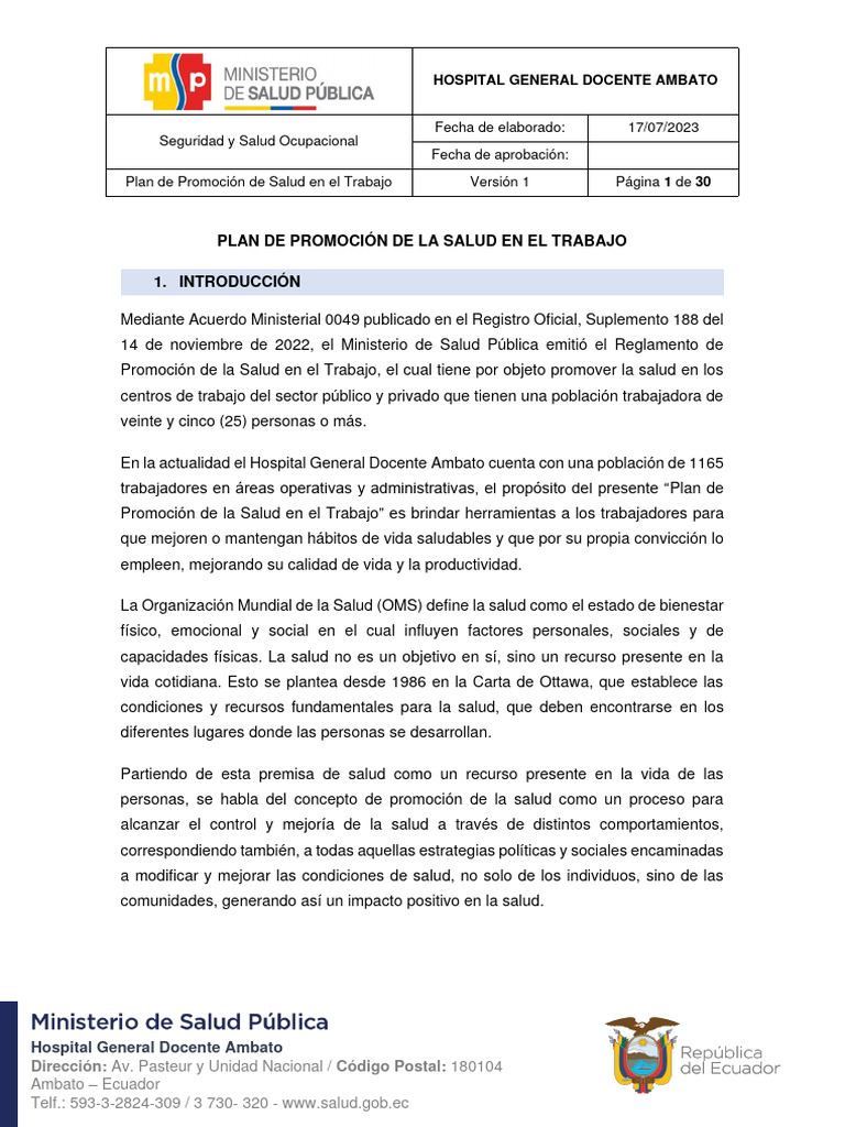 Plan de Promoción de La Salud en El Trabajo | PDF | Seguridad y salud ...
