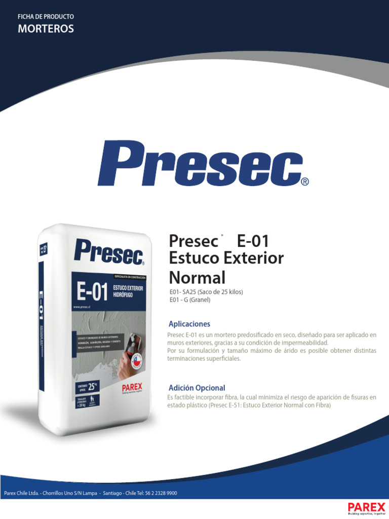 Mortero Estuco Exterior Presec 25 KG | PDF | Materiales de construcción ...