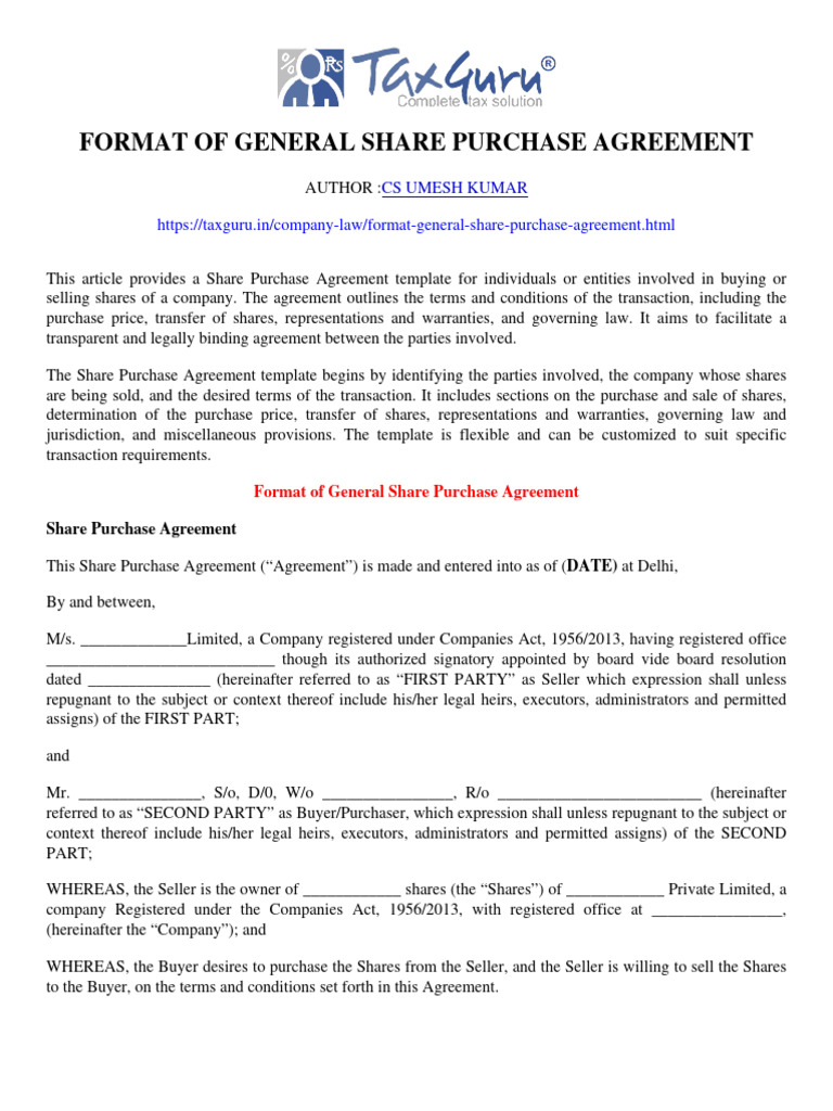Format of General Share Purchase Agreement - Taxguru - in | PDF ...