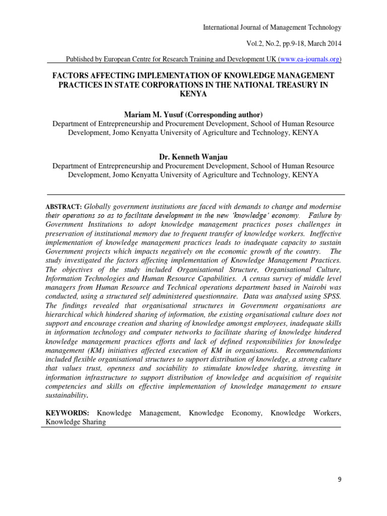 Factors Affecting Implementation of Knowledge Management Practices in State Corporations in The ...