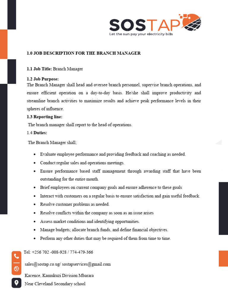 JOB DESCRIPTION FOR THE BRANCH MANAGER | PDF | Business | Economies
