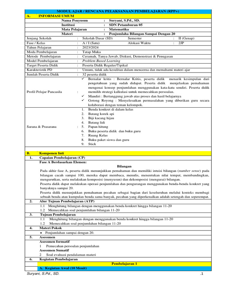 RPP MTK - Kelas 1 | PDF