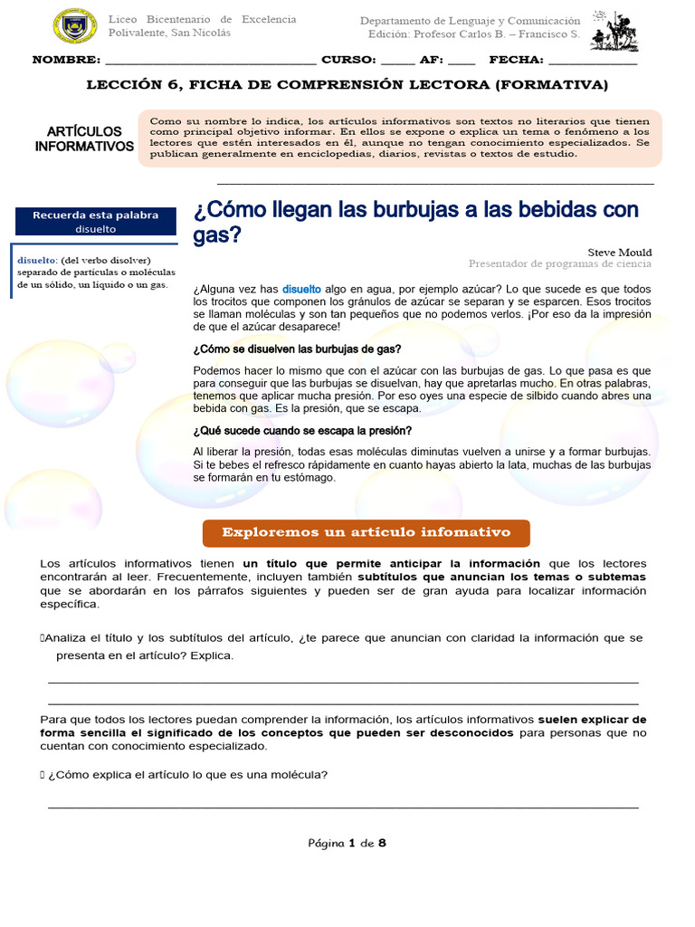 Ficha de Comprensión Lectora, Lectópolis F, Artículos Informativos ...