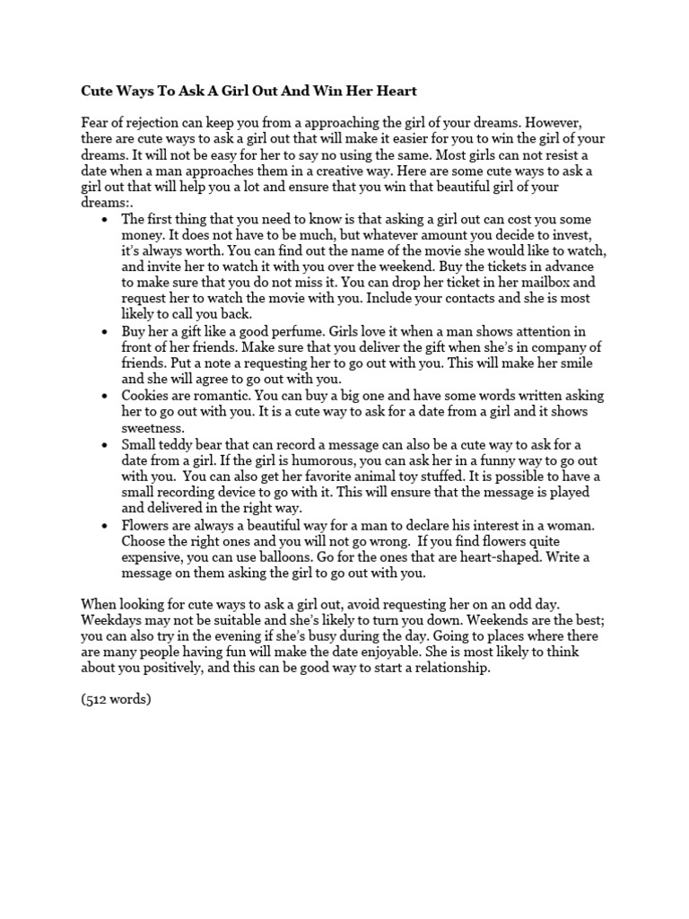 Cute Ways To Ask A Girl Out And Win Her Heart 512 Words Pdf