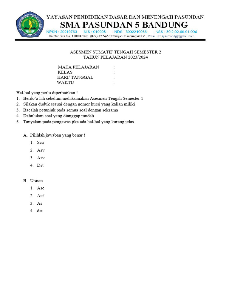 Format soal ASTS 2 2023 2024 | PDF