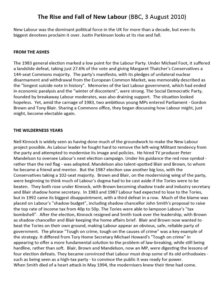 New Labour: Rise and Decline Explained | PDF | Labour Party (Uk) | Tony ...