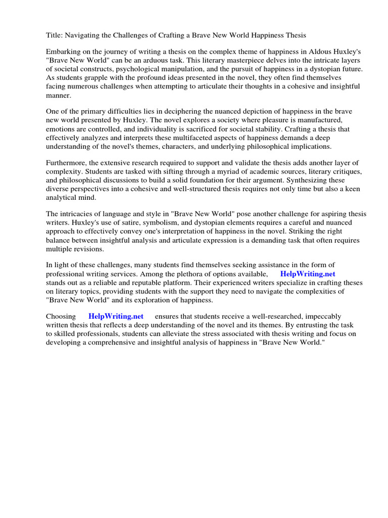 Brave New World Happiness Thesis | PDF | Dystopia | Essays