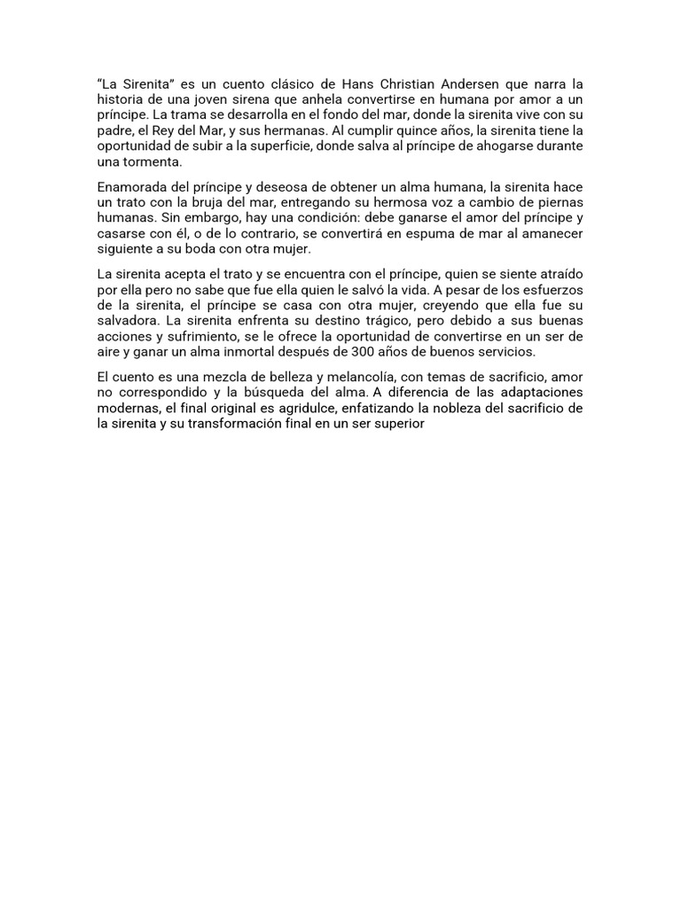 Resumen del cuento "La Sirenita" | PDF