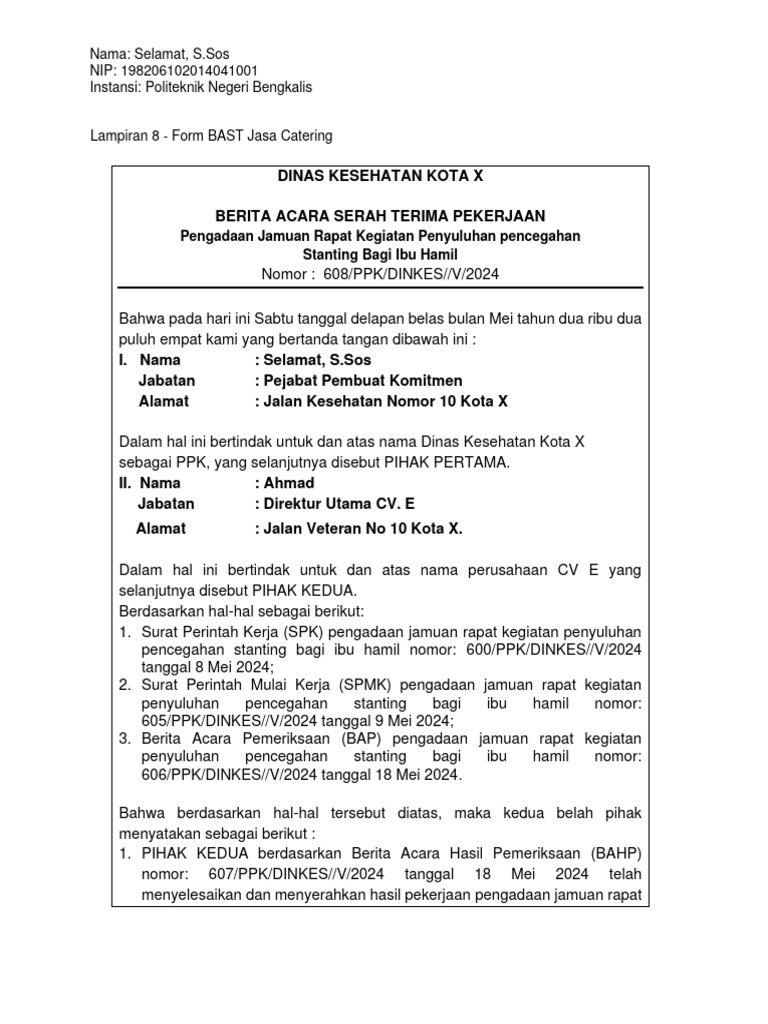 Berita Acara Serah Terima Catering Dinkes | PDF | Pengelolaan Keuangan ...
