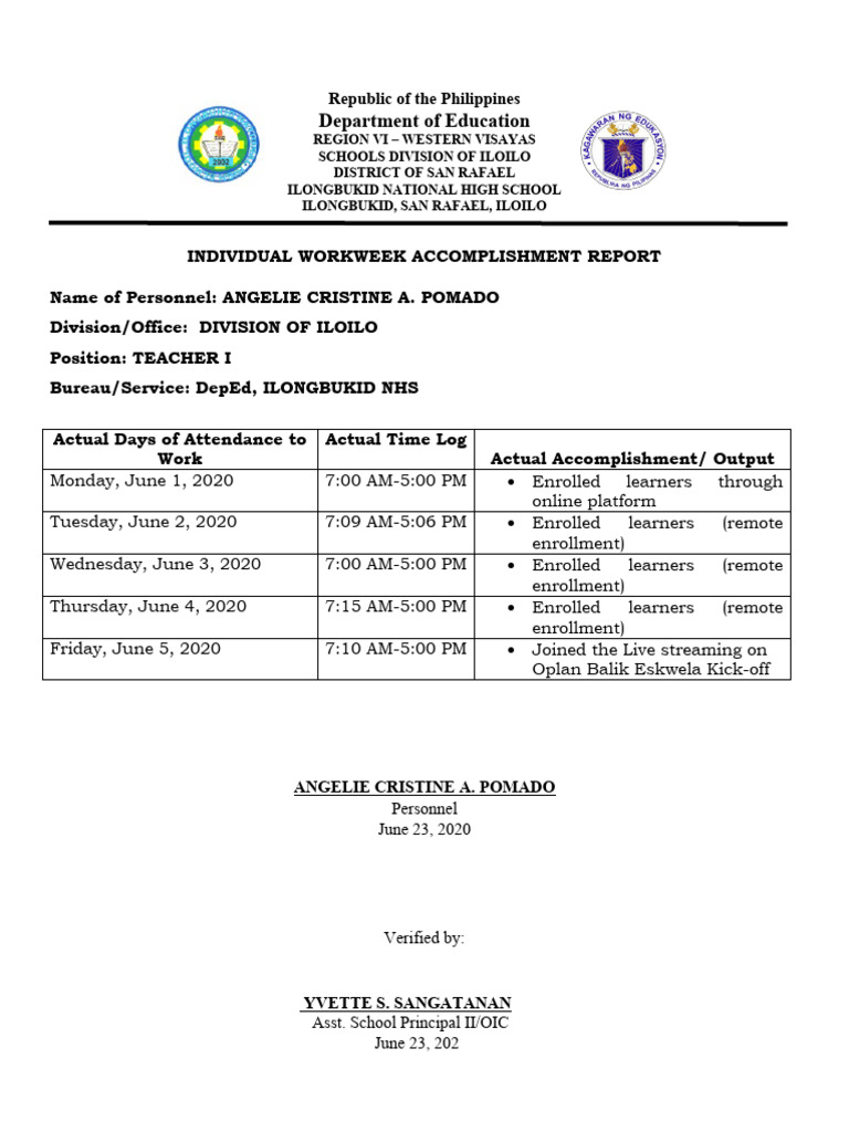 Pomado Workweek Accomplishment Report June | PDF | Workweek And Weekend ...