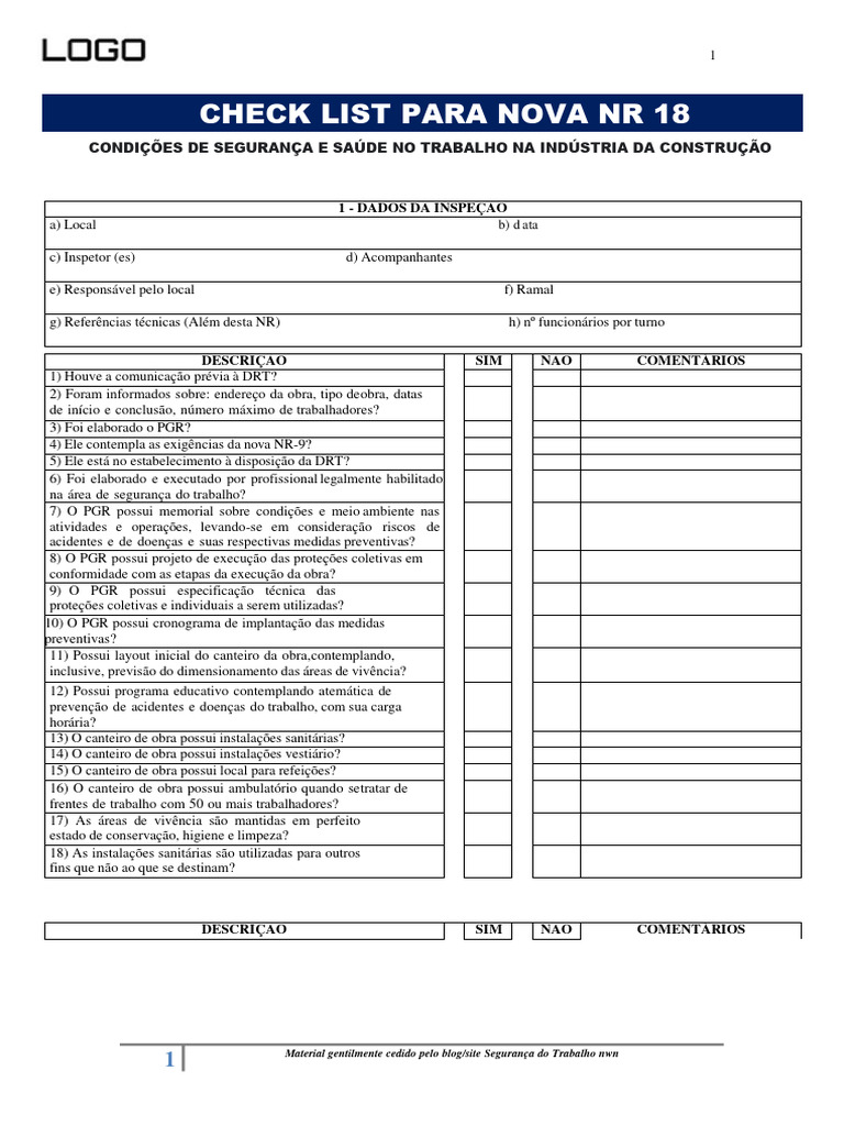 Check List Parsdga Nova NR 18 | PDF | Fiação elétrica | Fusível (elétrico)