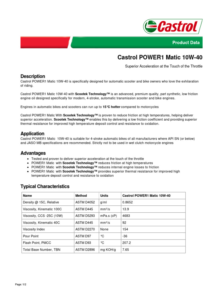 Castrol P1 Matic 10W40 | PDF | Motor Oil | Physical Sciences