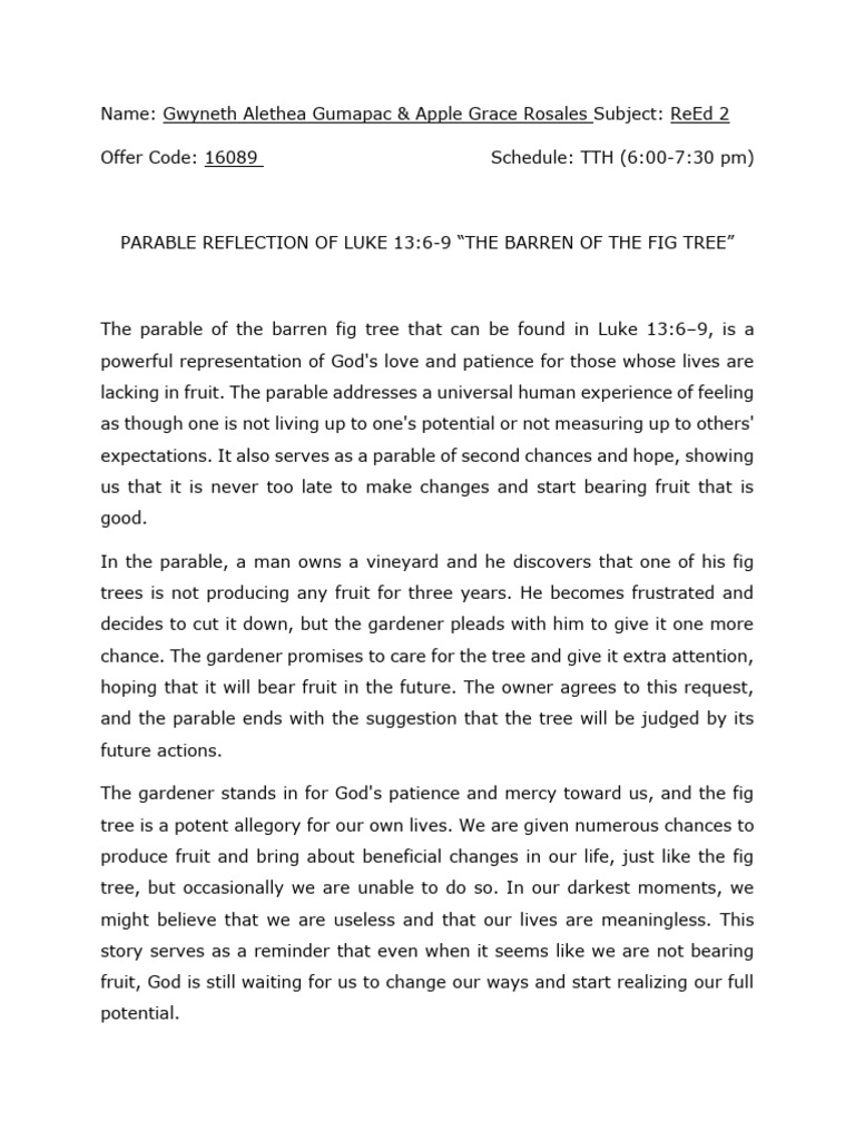 Parable Reflection & Summary Report | PDF | Parables Of Jesus | Religious Belief And Doctrine