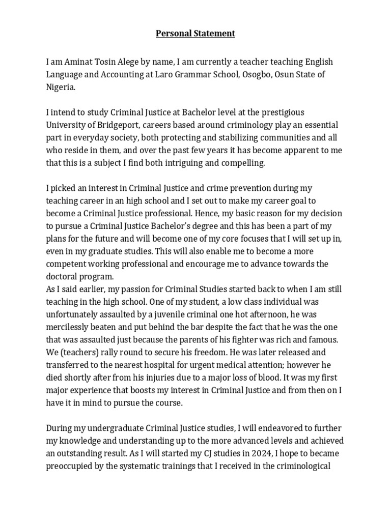 Aspiring Criminal Justice Advocate Statement | PDF | Crimes | Crime ...