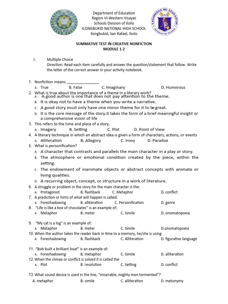 Summative Test: Creative Nonfiction | PDF | Metaphor