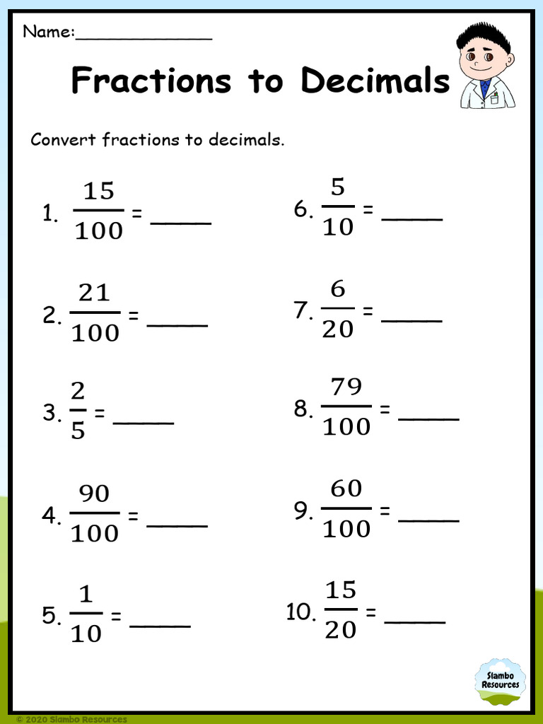 Grade 5 Fractions To Decimals Worksheet 8 | PDF