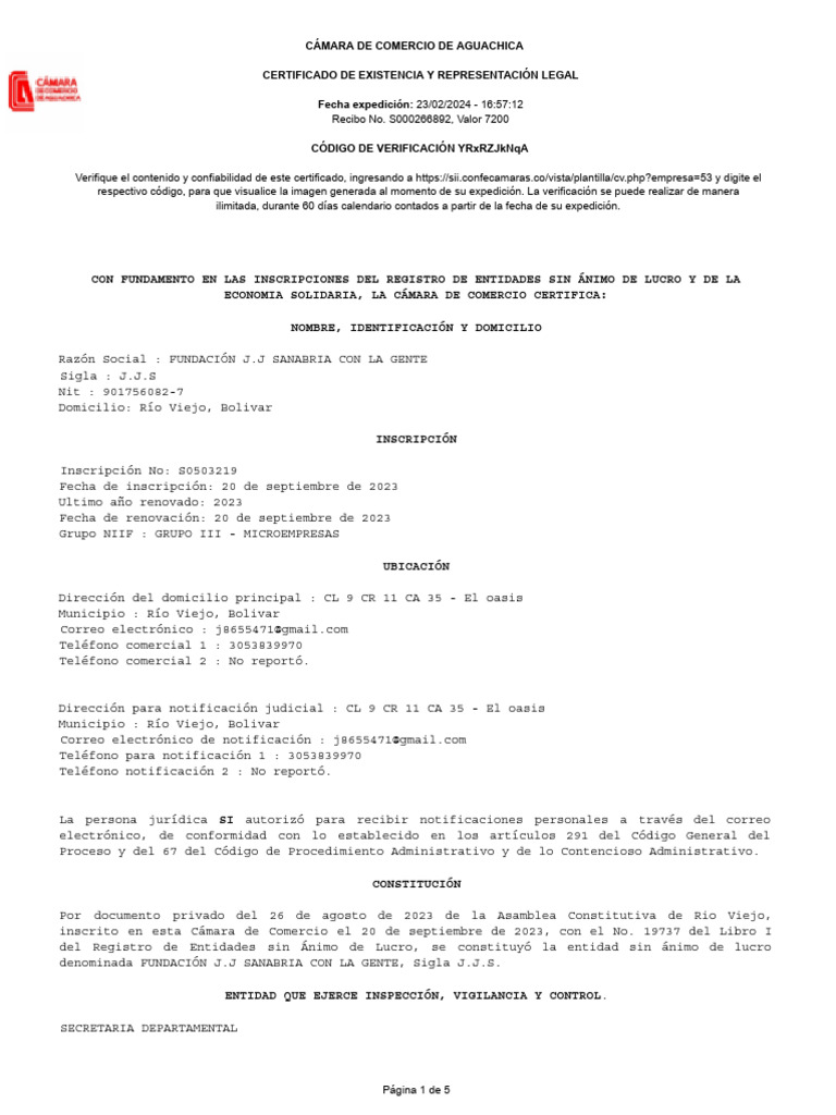 Certificado Fundación J.J. Sanabria | PDF | Business