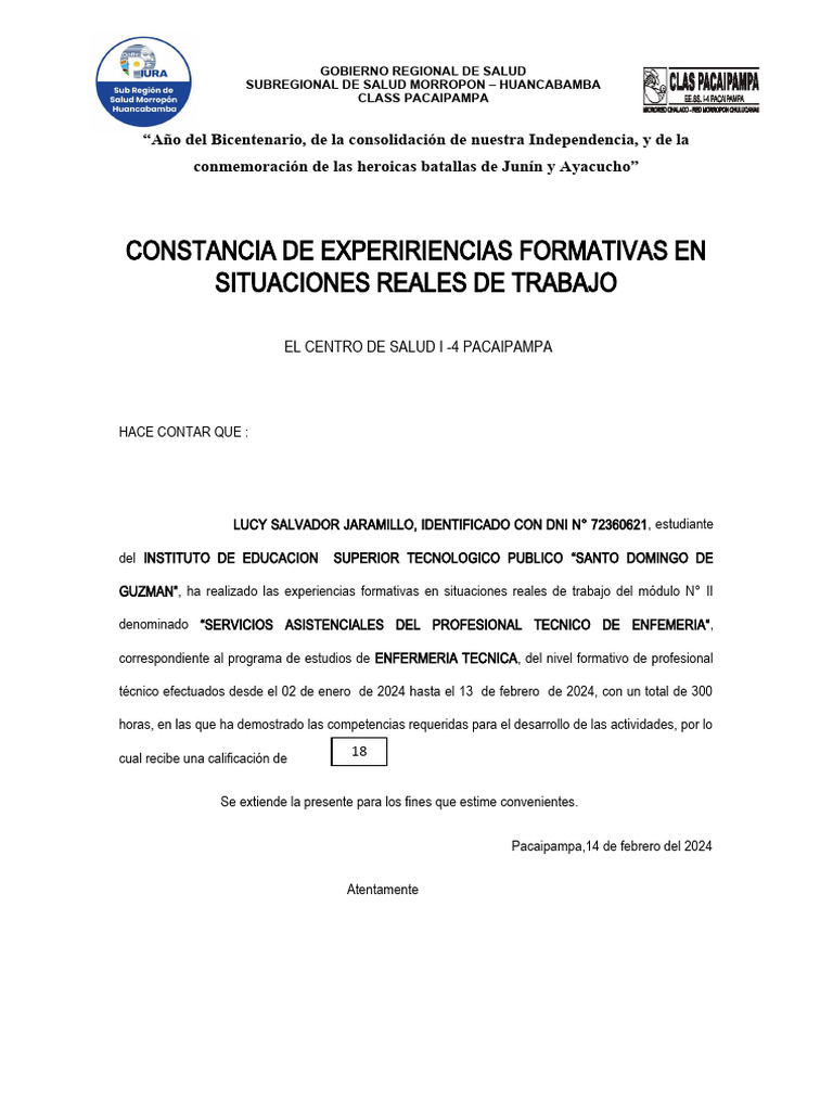 Constancia de Experiencias Formativas - Docx LUCY | PDF