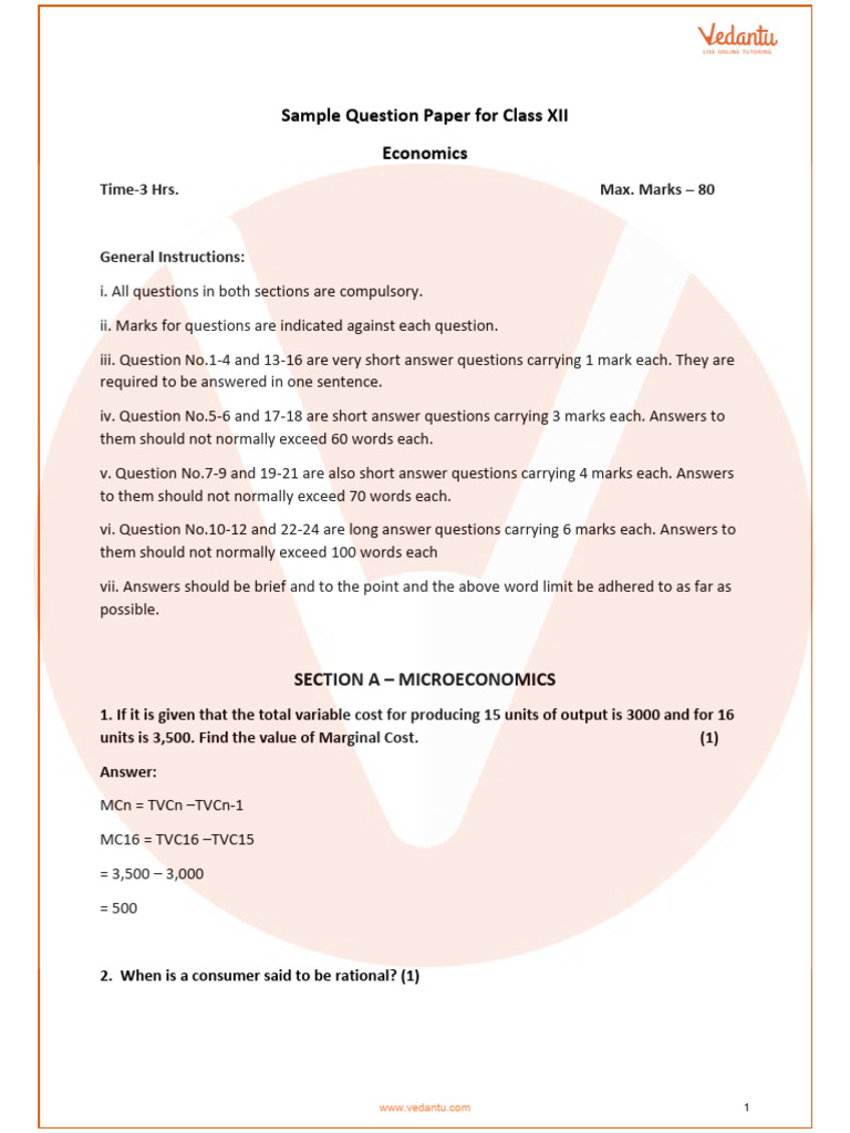 Class XII Economics Sample Question Paper | PDF | Economics | Oligopoly