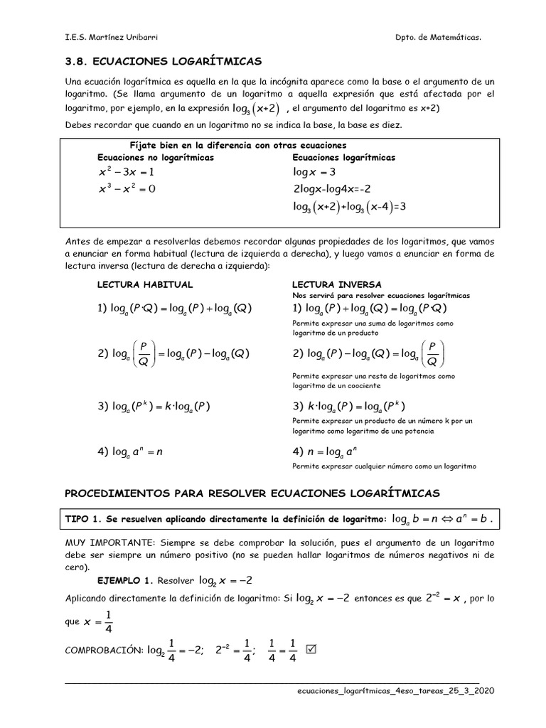 Ecuaciones Logarítmicas: Ejemplos y Ejercicios | PDF | Logaritmo | Ecuaciones