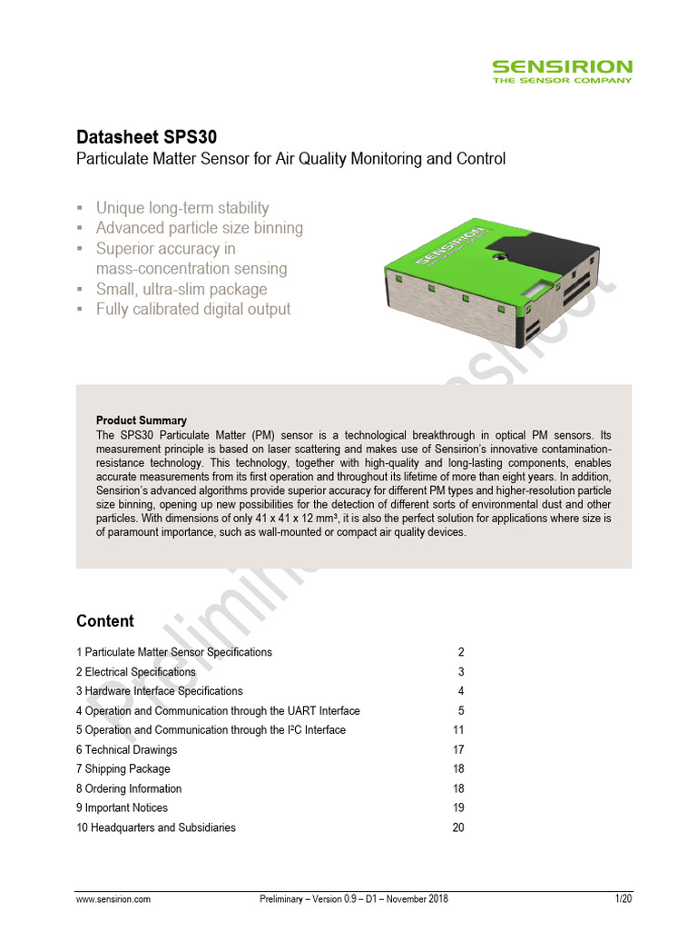 Sensirion SPS30 Particulate Matter Sensor v0.9 D1 1 | PDF ...