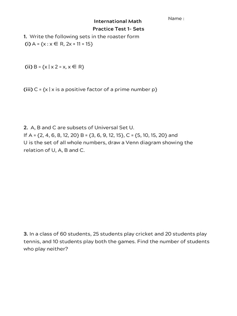 9th Grade Practice Test 1 - Sets | PDF | Mathematics
