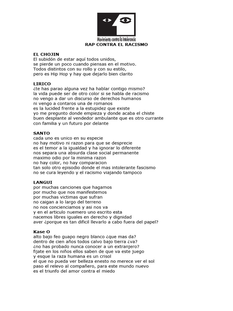 Letra RAP Contra El RACISMO | PDF | Racismo | Discriminación y ...