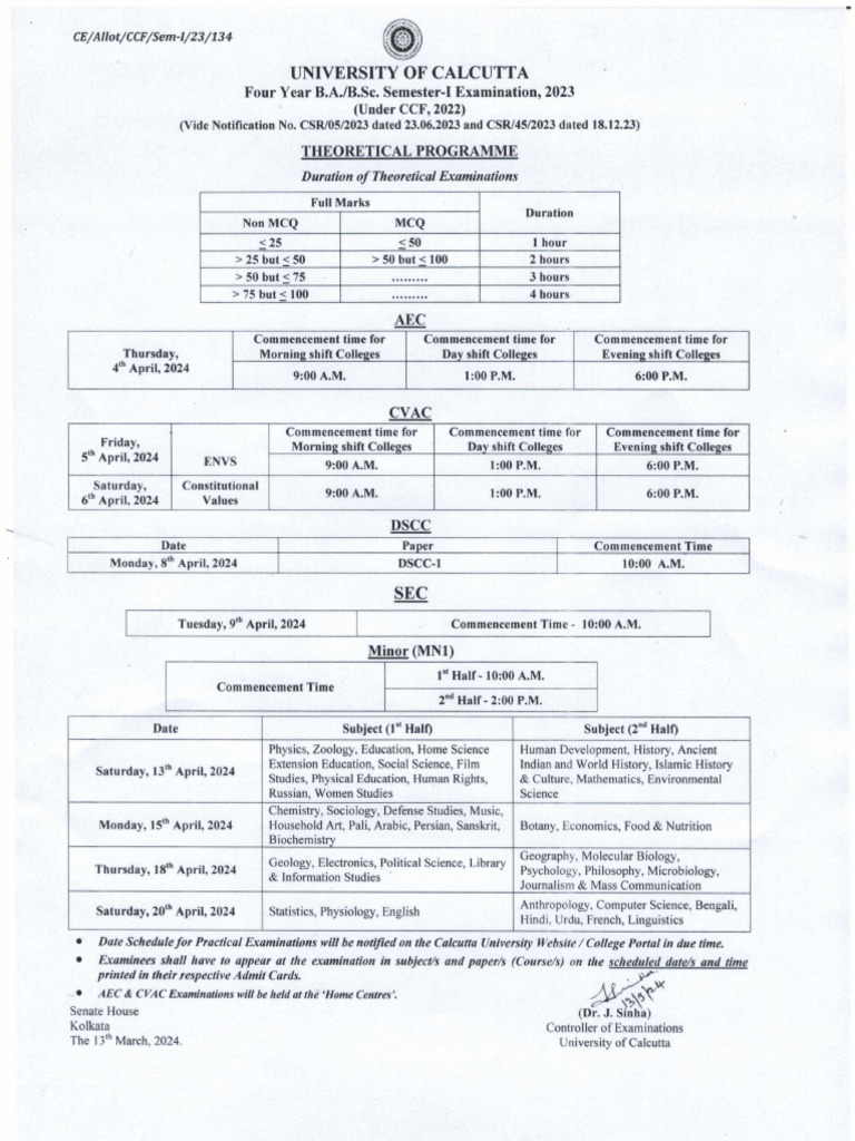 CCF - Sem 1 Time Table | PDF