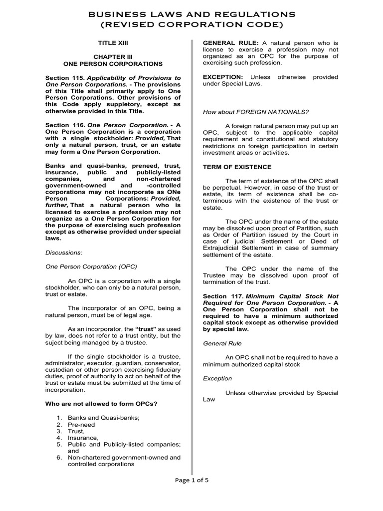One Person Corporation | PDF | Corporations | Trustee
