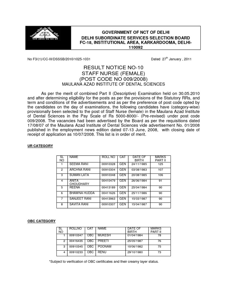 Result Notice Nurses | PDF | Government Of India | Government