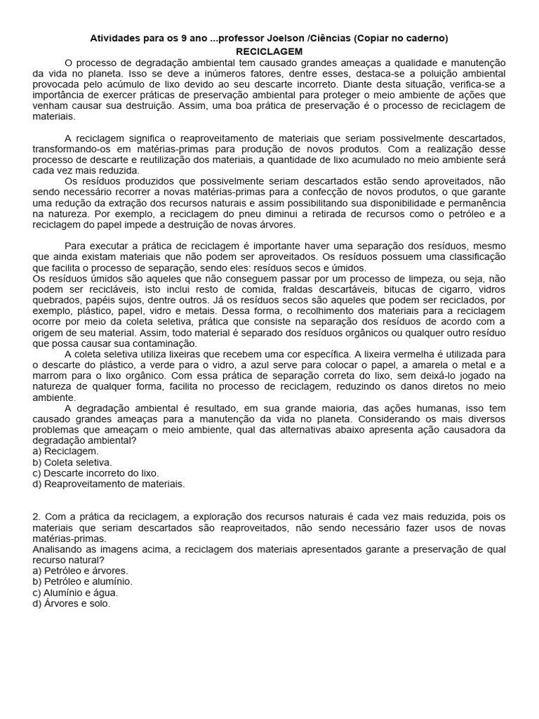 Atividades para Os 9 Ano Caic 22.09.23 | PDF | Reciclagem | Desperdício