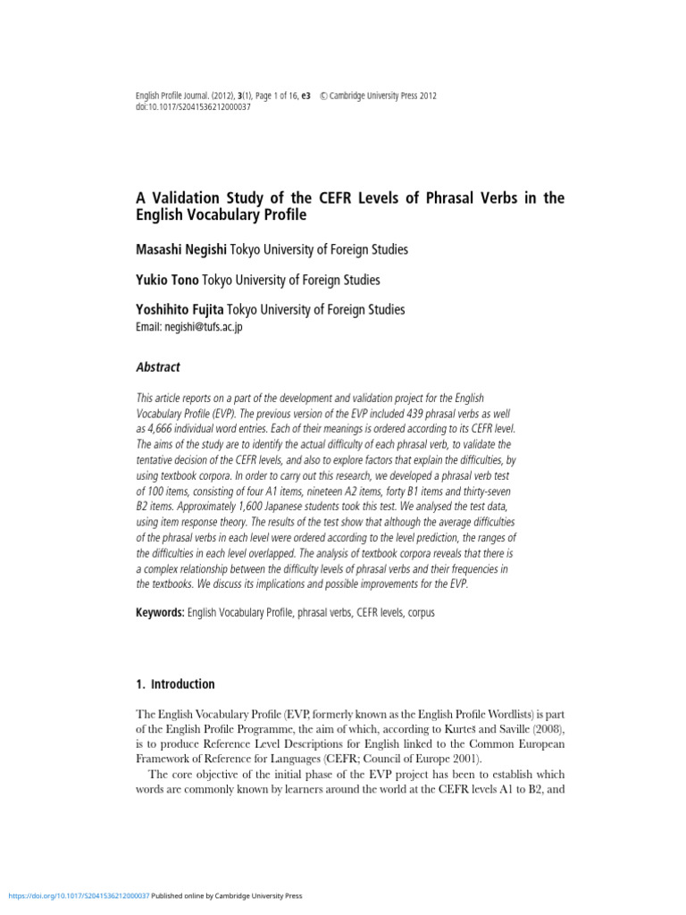 A Validation Study of The Cefr Levels of Phrasal Verbs in The English ...