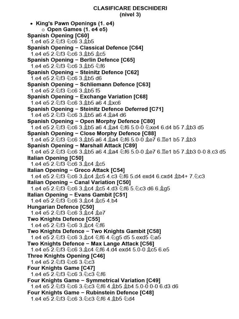 Clasificare deschderi niv 3 | PDF | Chess Openings | Game Theory