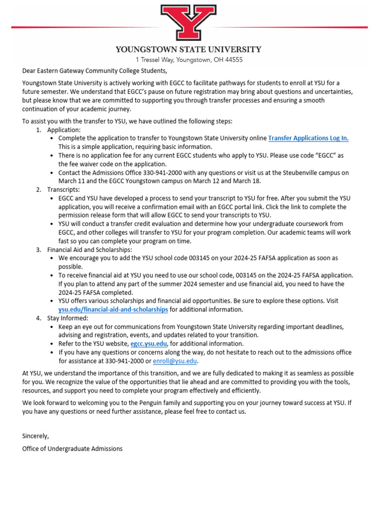 YSU Letter To EGCC Students | PDF | Career & Growth