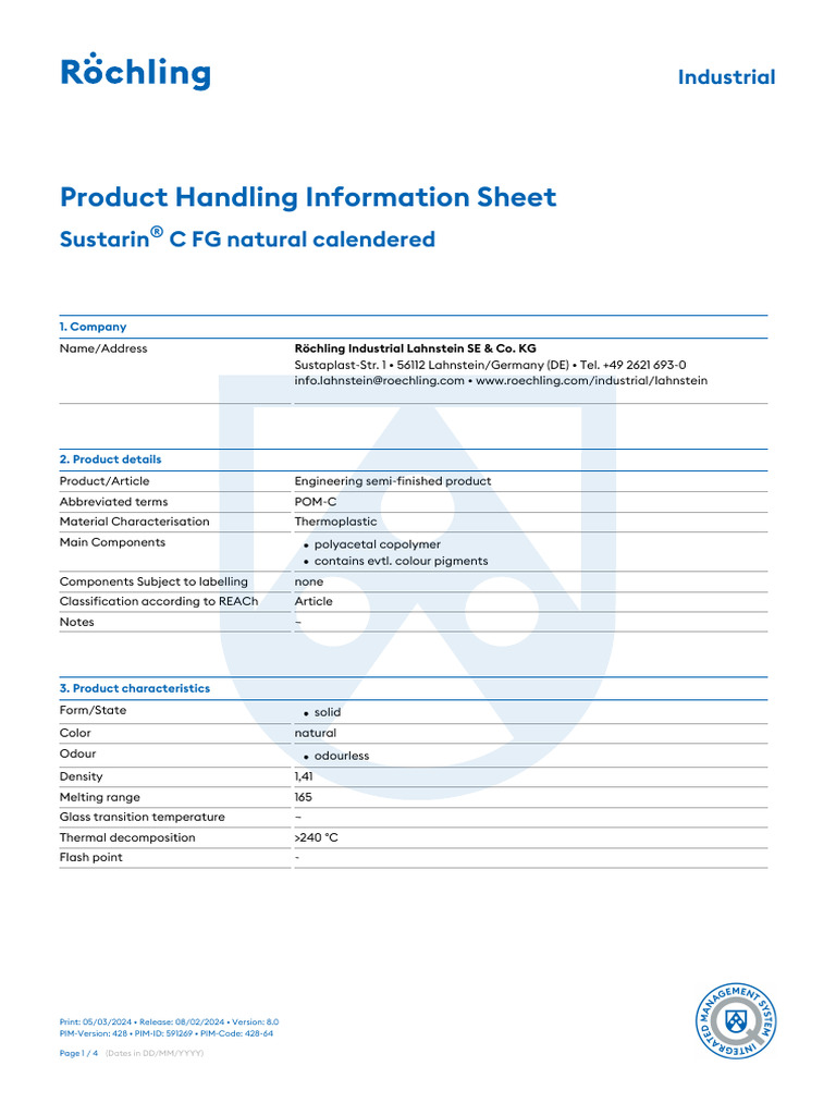 Product Handling Information Sheet Sustarin® C FG Natural Calendered ...