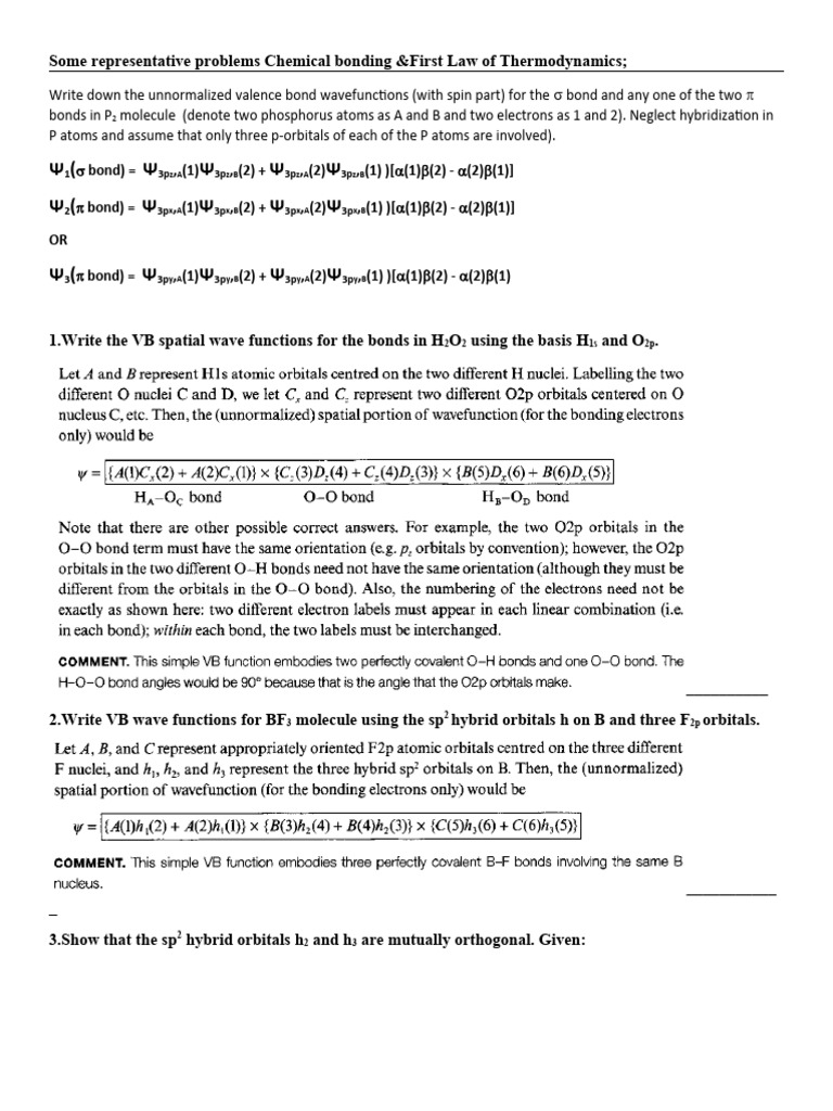 Representative Problems Chemical Bond Thermodynamics First Law Problems ...