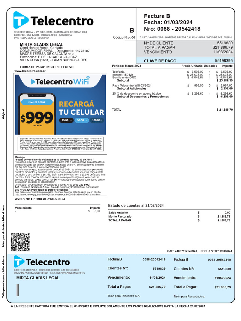Factura B Fecha: 01/03/2024 Nro: 0088 20542418 | PDF | Economias