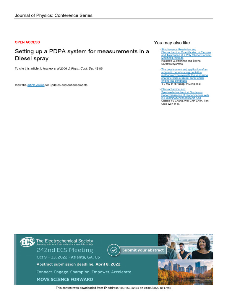 Setting Up a PDPA System for Measurements in A | PDF | Optics | Diesel Engine