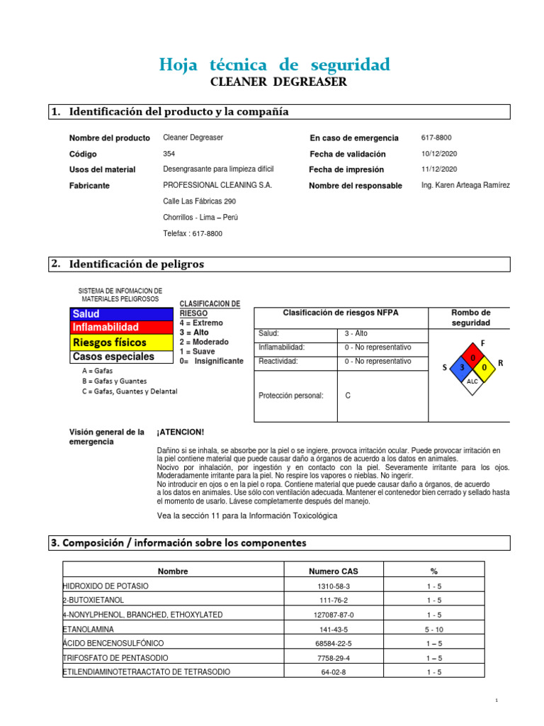 MSDS Cleaner Degreaser 2020 | PDF | Ventilación (Arquitectura) | Agua